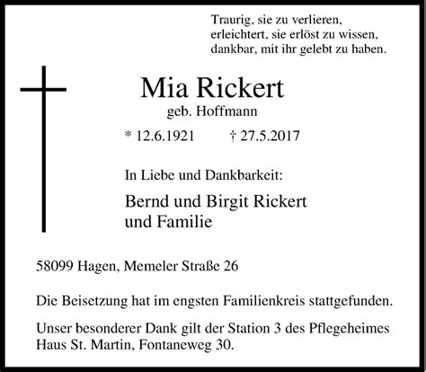 Traueranzeigen Von Mia Rickert Trauer In NRW De