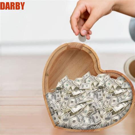 Darby กระปกออมสนไม รปหวใจทนทานคอนเทนเนอร เหรยญ ความแปลกใหม