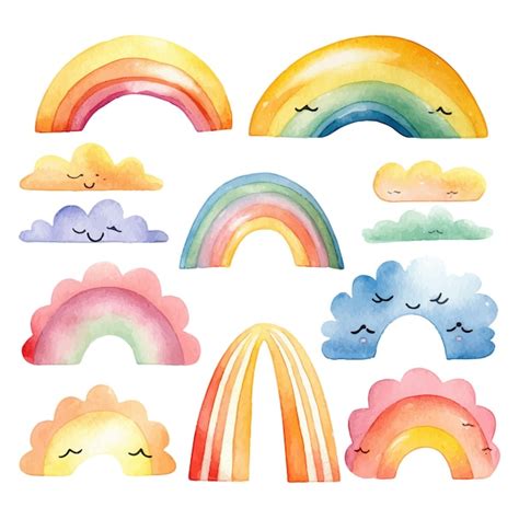 Una ilustración acuarela de arco iris y nubes Vector Premium