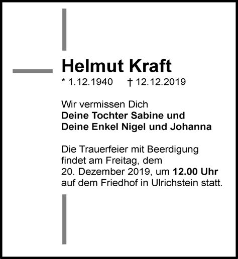 Traueranzeigen Von Helmut Kraft Vrm Trauer De