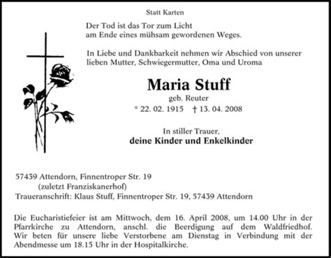 Traueranzeigen Von Maria Stuff Trauer In NRW De