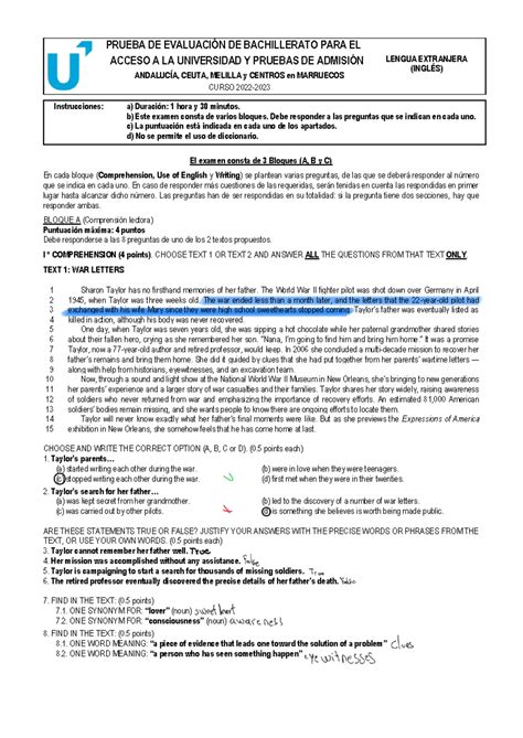 Examen Ingl Ãs de Andaluc Ãa Ordinaria de 2023 PRUEBA DE