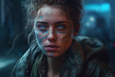 Una Mujer Con Ojos Azules Y Un Fondo Oscuro Foto Premium