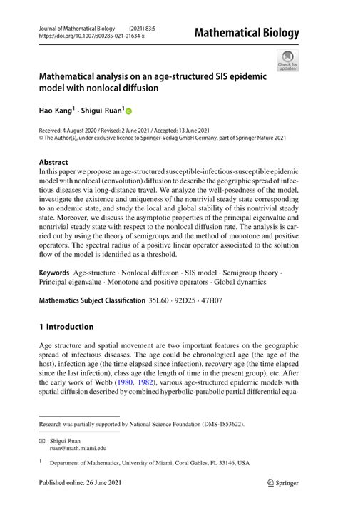 pdf mathematical analysis on an age structured sis epidemic model with nonlocal diffusion