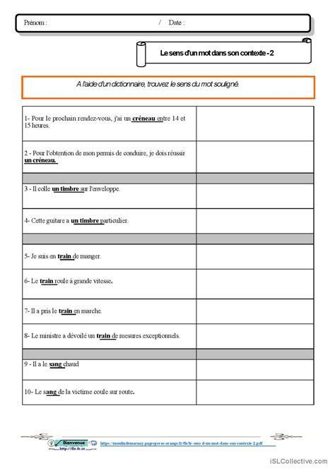 Le Sens Dun Mot Dans Son Contexte Fran Ais Fle Fiches Pedagogiques