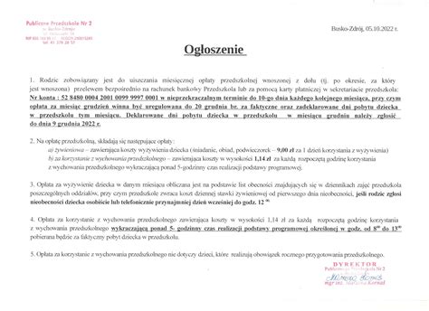 Og Oszenie Dotycz Ce Odp Atno Ci Za Przedszkole W Roku Szkolnym