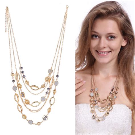 Colorful Gem Multi Layer Necklace Statement Tassel Necklace Fashion Sweater Accessories Crystal