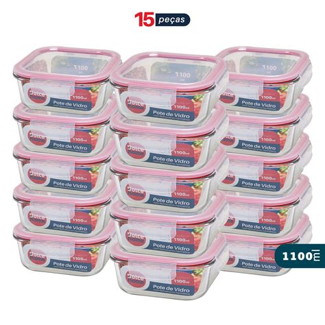 Pote Herm Tico De Vidro Kit C 15 Potes De 1100ml C Trava