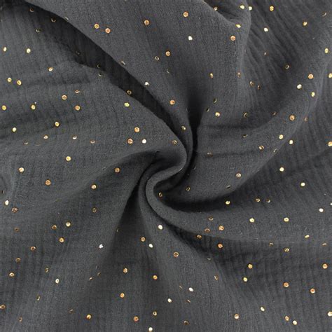 Tissu Double Gaze de Coton Pois Doré gris ardoise MPM