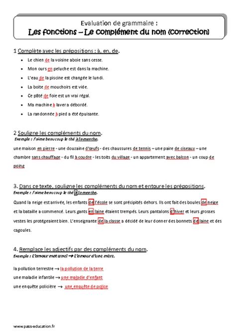 Complément du nom Cm1 Bilan avec le corrigé Pass Education