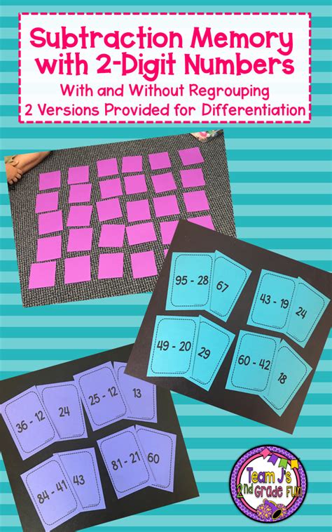 subtraction memory with 2 digit numbers includes 2 versions version 1 without regrouping