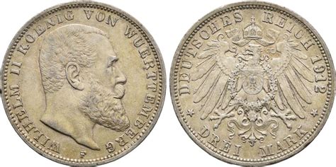 Kaiserreich Württemberg 3 Mark 1912 F Wilhelm II 1891 1918 ss MA