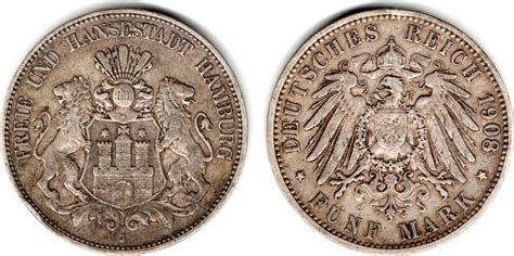 Kaiserreich Hamburg 5 Mark 1908 J Stadtwappen Erhaltung Siehe Scan
