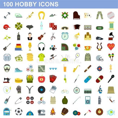 100 Iconos Fijados Estilo Plano De La Afición Stock de ilustración