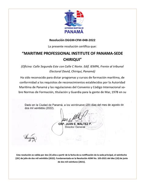 Licenses And Certificates MARITIME PROFESSIONAL INSTITUTE OF PANAMA