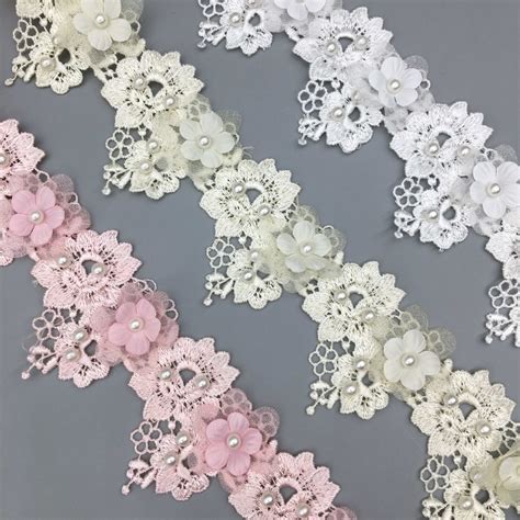 1 Quintal 3D Pérola Flor Guarnição Do Laço Bordado Tecido De Fita