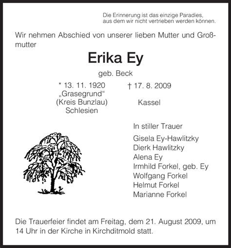 Traueranzeigen Von Erika Ey Trauer Hna De