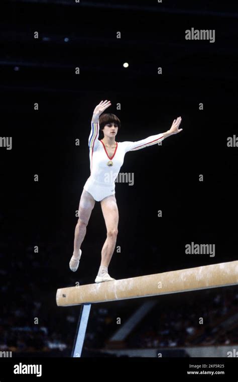 Romania S Nadia Comaneci In Action On The Beam Stock Photo Alamy