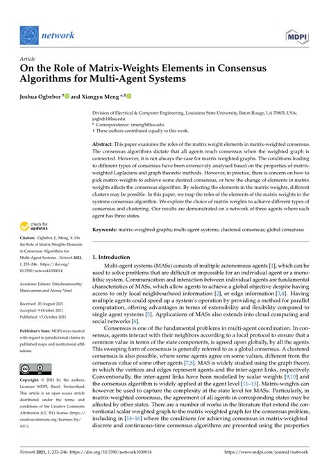 pdf on the role of matrix weights elements in consensus algorithms for multi agent systems