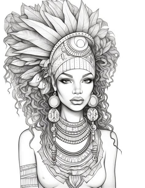 Printable Adult Coloring Page Beautiful African Woman Grayscale
