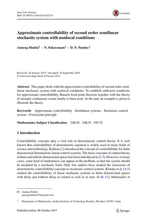 pdf approximate controllability of second order semilinear stochastic system with nonlocal