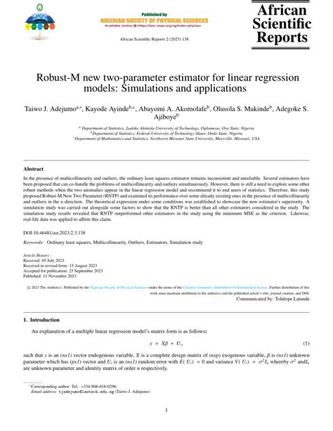 pdf robust m new two parameter estimator for linear regression models simulations and