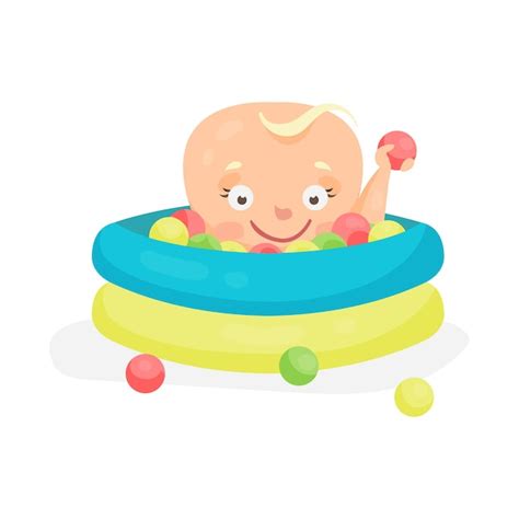 Bebê bonito dos desenhos animados brincando em uma piscina bolas