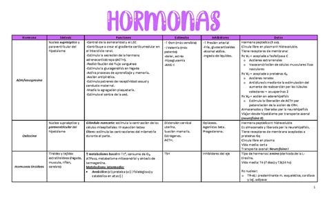 Cuadro Hormonas Hormona Síntesis Funciones Estímulos Inhibidores