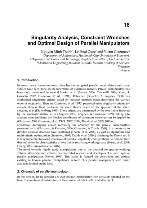 pdf singularity analysis constraint wrenches and optimal design of parallel manipulators