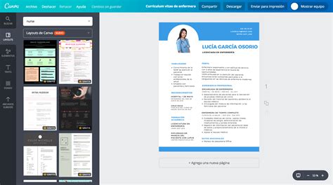Crea un currículum vitae de enfermera online gratis Canva