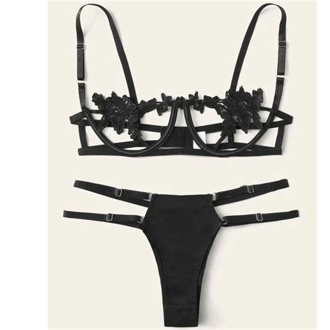 Sexy Black Bikini Lace Hollow Out Spaghetti Straps Bra And Thong