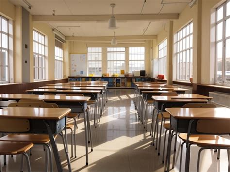 Un salón de clases con un escritorio y sillas Foto Premium