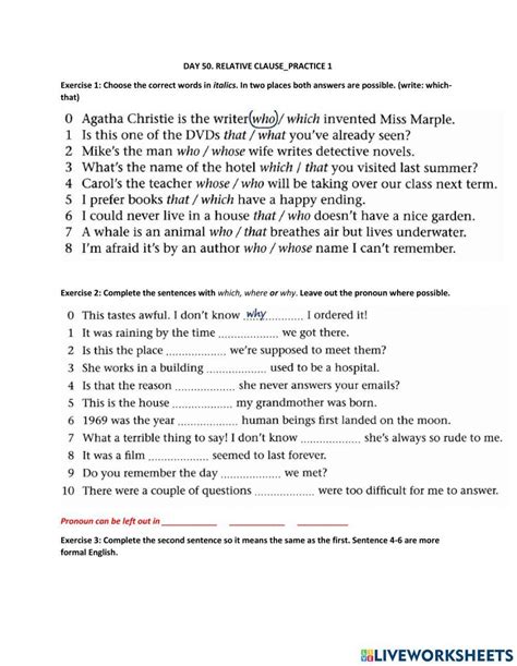 day 50 relative clause practice 1 worksheet live worksheets
