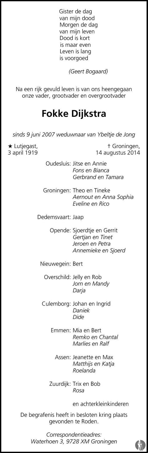 Fokke Dijkstra 14 08 2014 Overlijdensbericht En Condoleances