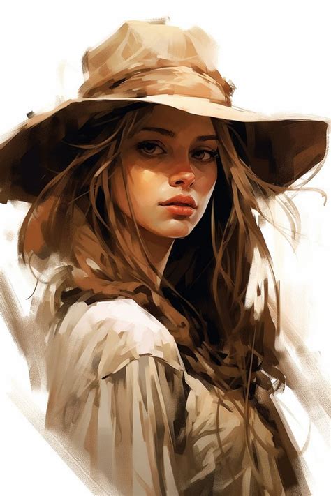 A Digital Painting Of A Woman Wearing A Hat And Dress Shirt With Her