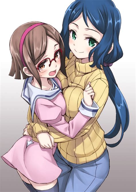 Safebooru 2girls Asymmetrical Docking Black Legwear Blue Hair Blush Breast Press Breasts Brown
