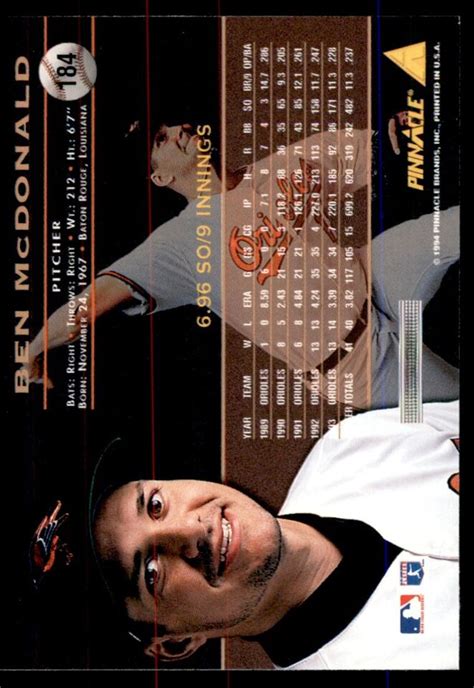 1994 PINNACLE BEN MCDONALD BALTIMORE ORIOLES 184 EBay