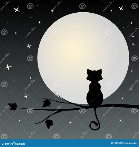 La Silueta Del Gato Negro En El árbol Mira Con La Luna Llena