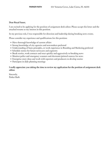 Assignment Desk Editor Cover Letter Velvet Jobs