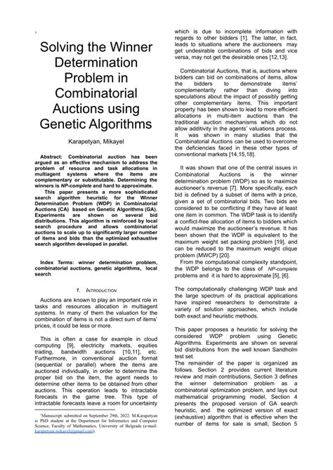 pdf solving the winner determination problem in combinatorial auctions using genetic algorithms