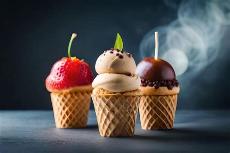 Tres Conos De Helado Con Uno Que Tiene La Palabra Helado Foto Premium