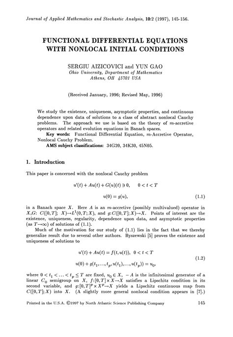 pdf functional differential equations with nonlocal initial condition