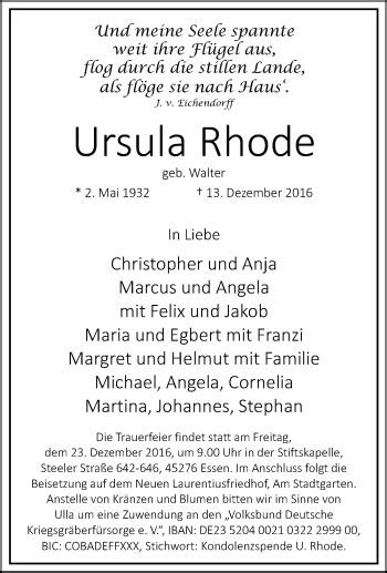 Traueranzeigen Von Ursula Rhode Trauer In NRW De