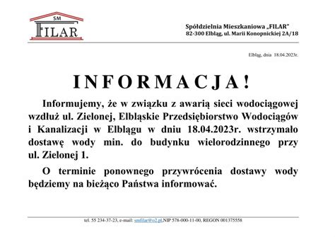 Informacja dla mieszkańców bloku przy Zielonej 1 Spółdzielnia