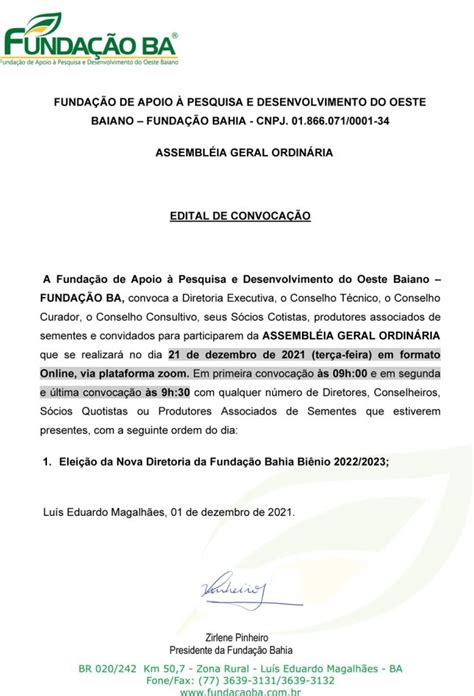 EDITAL DE CONVOCAÇÃO ASSEMBLÉIA GERAL ORDINÁRIA Fundação Bahia