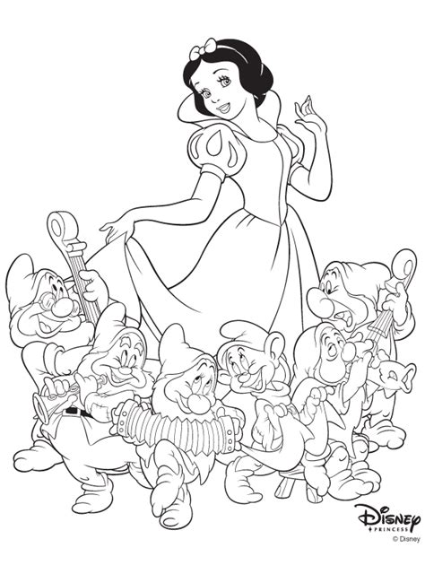 Desenho de Branca de Neve dançando Sete Anões para colorir