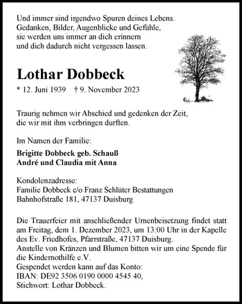 Traueranzeigen Von Lothar Dobbeck Trauer In Nrw De