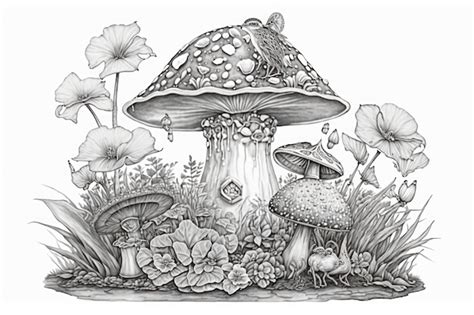 Premium AI Image Coloring Pages For Adult Mushroom Grayscale