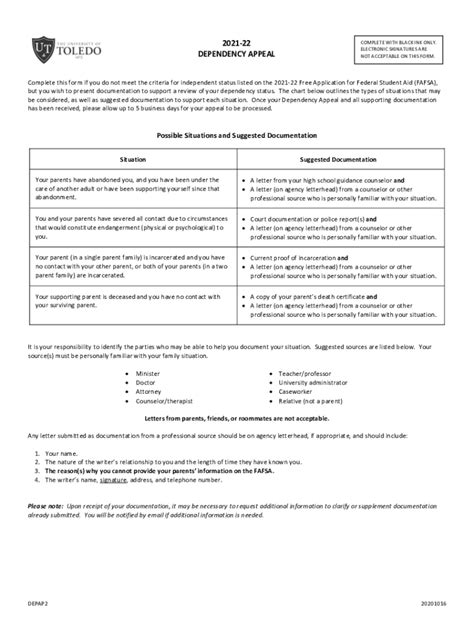 Fillable Online 2021 22 Dependency Appeal The University Of Toledo