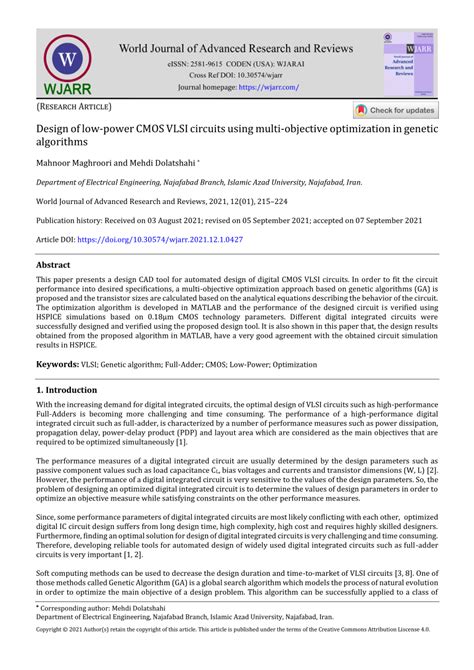pdf design of low power cmos vlsi circuits using multi objective optimization in genetic